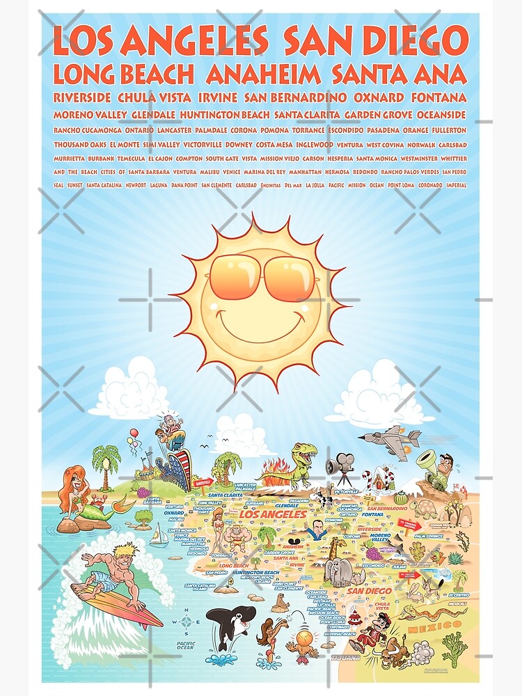 "Cartoon Map of Southern California with List of Cities" Poster for ...