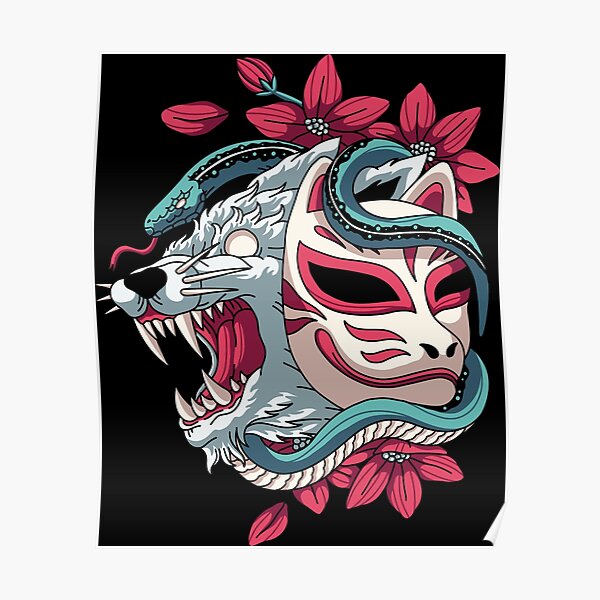 "Angry Wolf with Kitsune Mask" Poster for Sale by senpaibunny | Redbubble