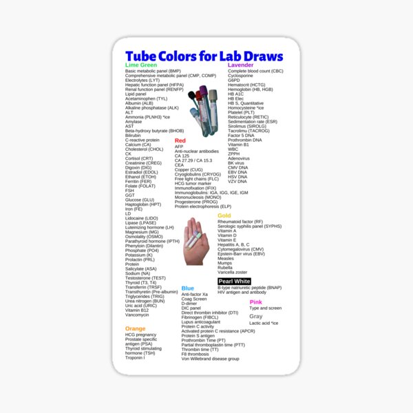 "Vacutainer Tube Colors for Lab Draws Chart" Sticker for Sale by ...