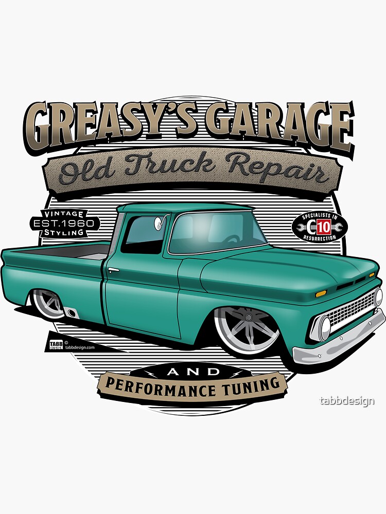 "Greasy's Garage Green Design" Sticker for Sale by tabbdesign | Redbubble