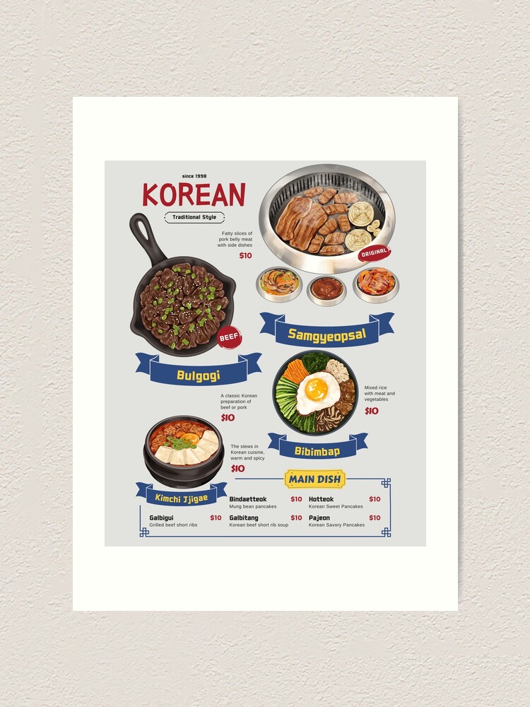 "Korean Food, Samgyeopsal, Bulgogi, Bibimbap, Menu" Art Print for Sale ...