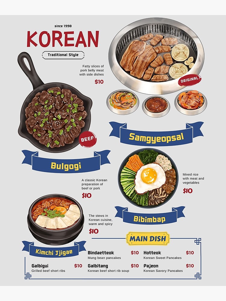 "Korean Food, Samgyeopsal, Bulgogi, Bibimbap, Menu" Art Print for Sale ...