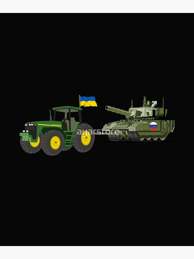 "Ukrainischer Traktor, der einen russischen Panzer zieht Ukraine-Flagge ...