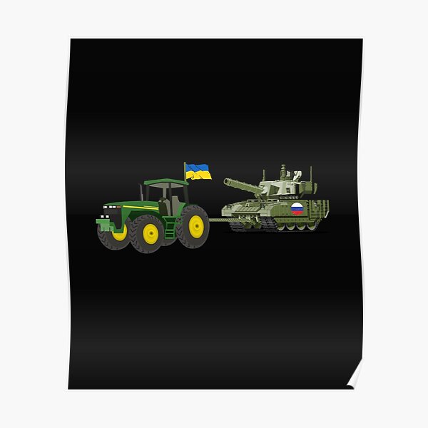 "Ukrainischer Traktor, der einen russischen Panzer zieht Ukraine-Flagge ...