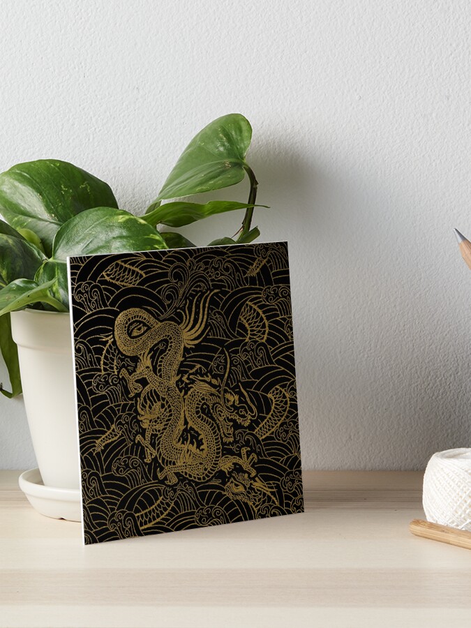 "Golden Chinese Dragon Pattern / Black Background" Art Board Print for ...