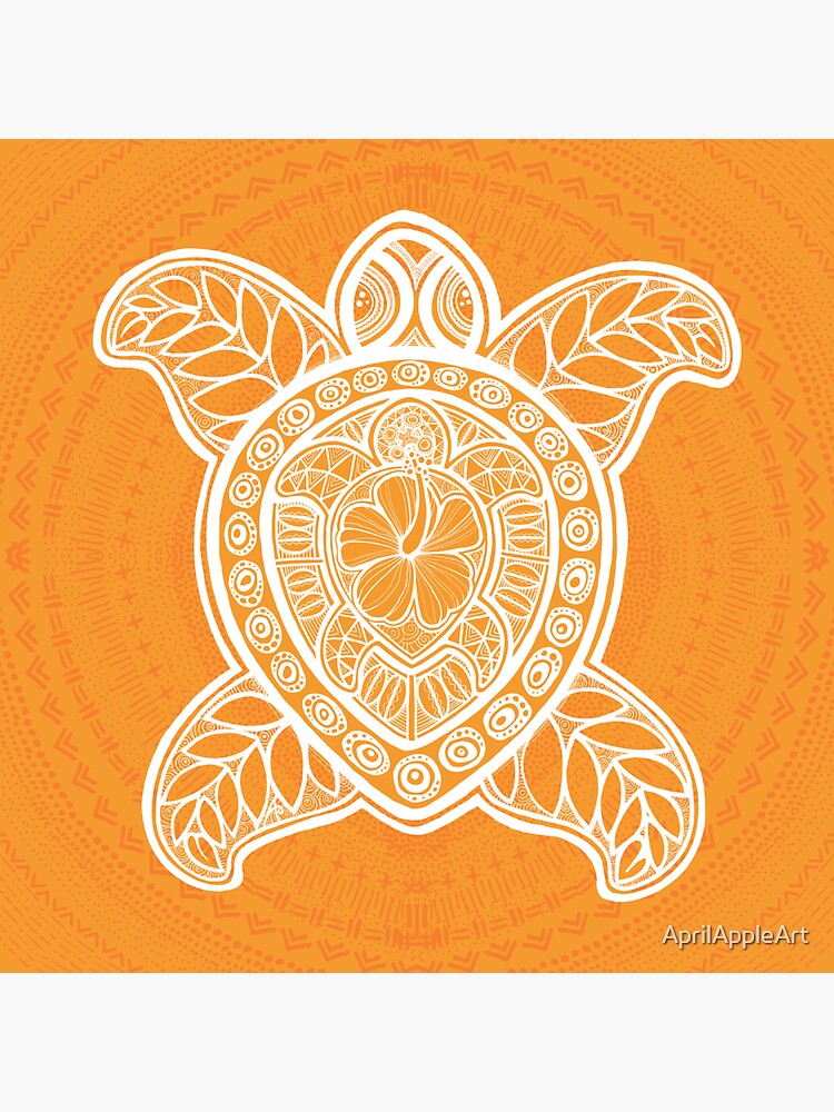 "Pasifika Turtle - white on mandarin" Sticker by AprilAppleArt | Redbubble