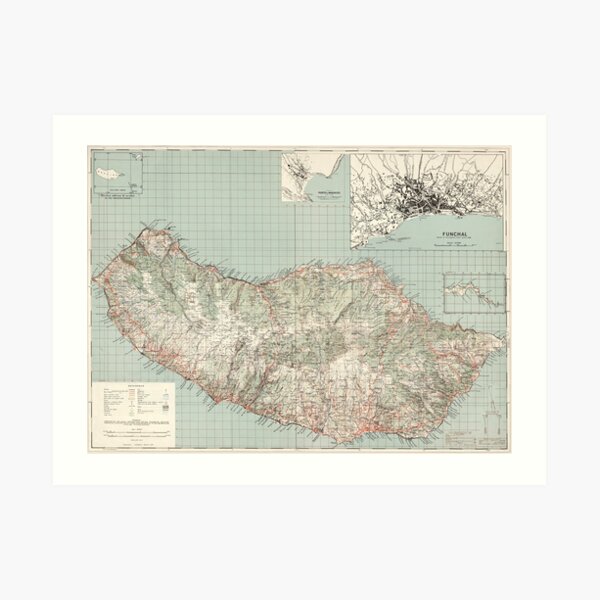 "Vintage Madeira Island Map (circa 1941) with Funchal city Plan" Art ...