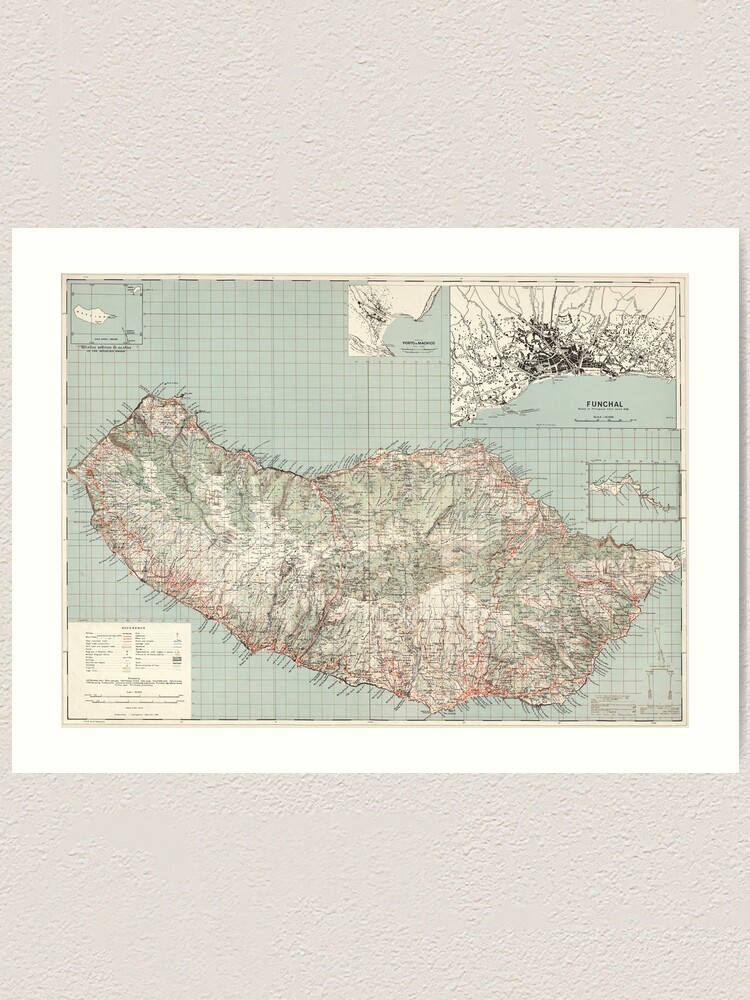 "Vintage Madeira Island Map (circa 1941) with Funchal city Plan" Art ...
