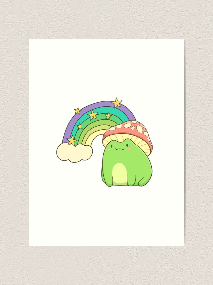 "Cottagecore Frog With Rainbow, Toadstool Mushroom Hat" Art Print for ...
