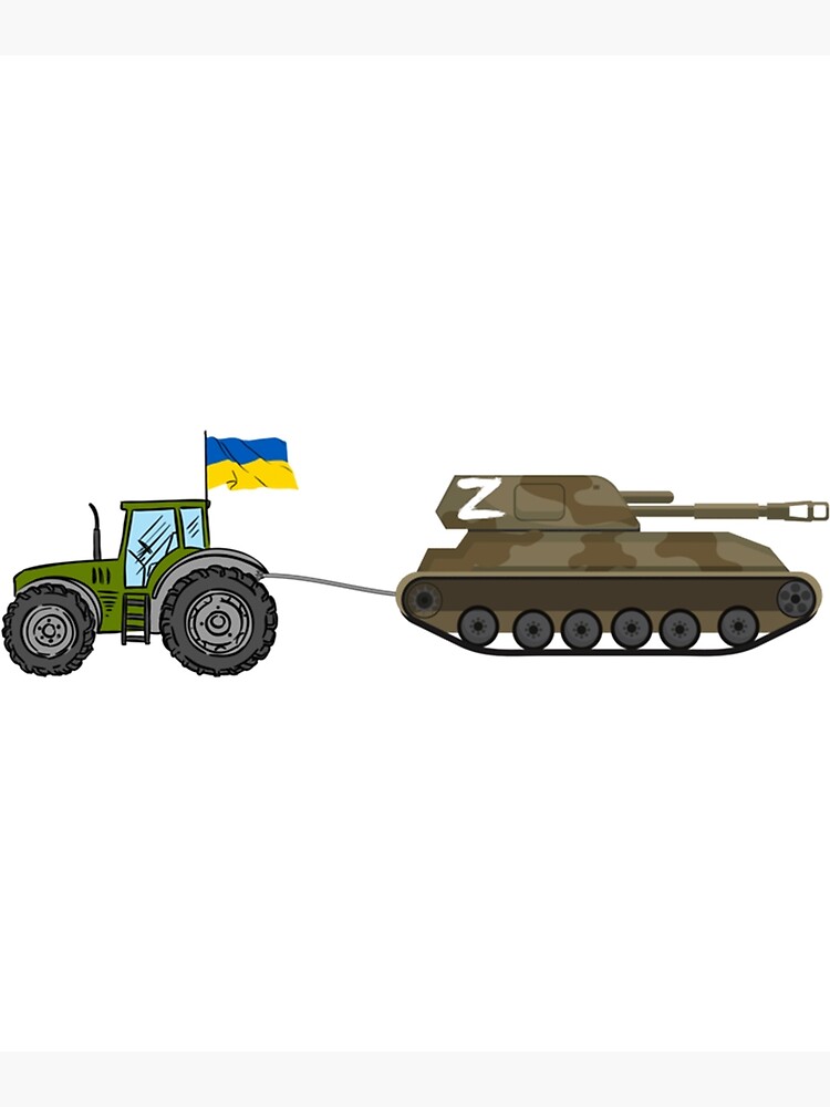 "Ukrainischer Traktor, der einen russischen Panzer zieht Ukraine-Flagge ...