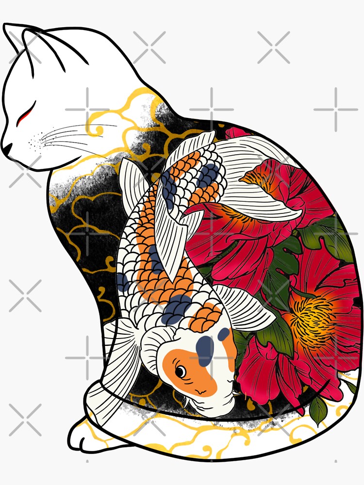 "Kitsune cat with colorful koi fish and flowers, zen cat figure ...