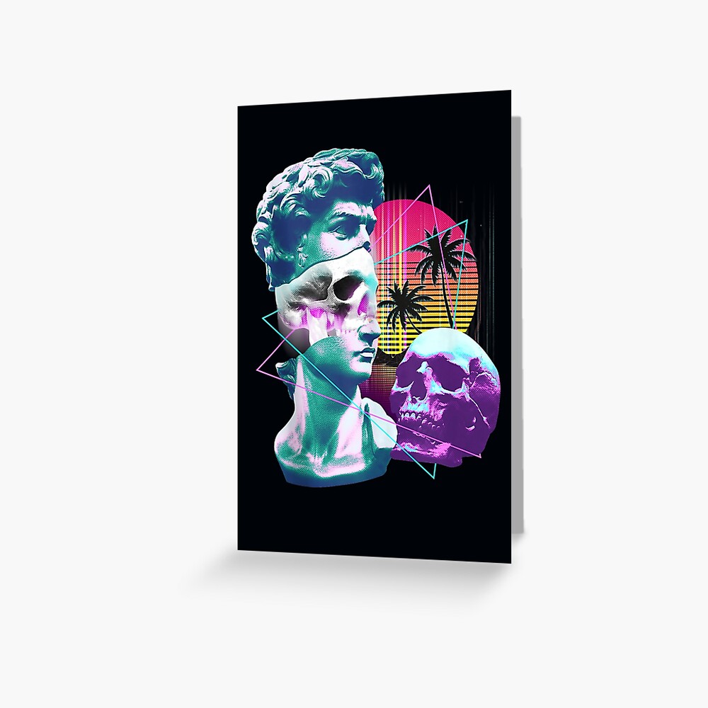 "Vaporwave David Bust Statue with Skulls & Palm Tree Art" Greeting Card ...