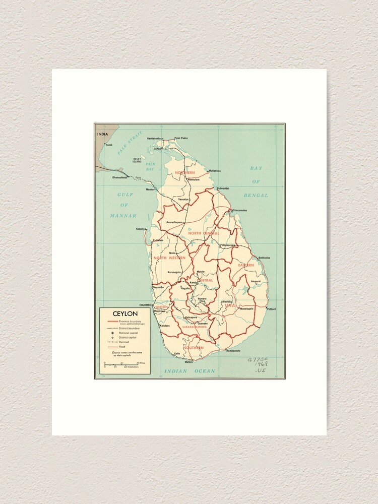 "Old Sri Lanka Map (circa 1968) Vintage Ceylon Island Atlas" Art Print ...