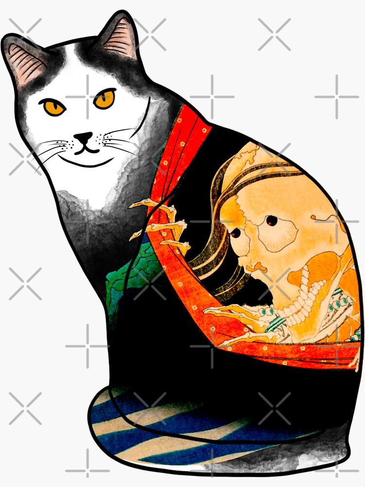 "Monmon cat, colorful japanese cat - samurai cat" Sticker by shodark ...