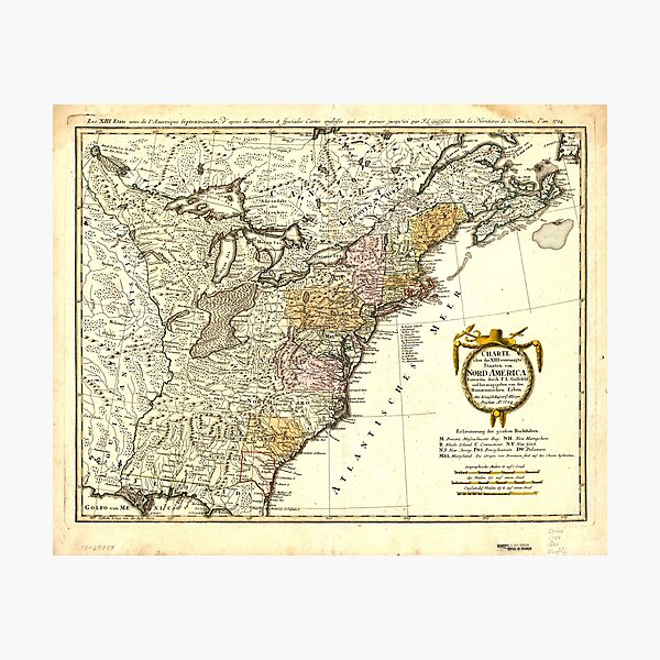 Lámina fotográfica «Mapa antiguo de trece colonias (1784). Mapa Idioma ...