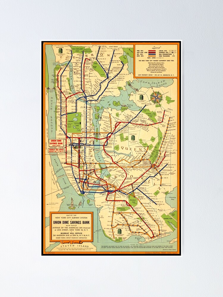 "Vintage NYC Subway Map (1954)" Poster for Sale by VintageHeritage ...