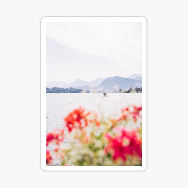 "Pink Flowers and Lake Lucerne - Alps in Switzerland" Sticker by ...