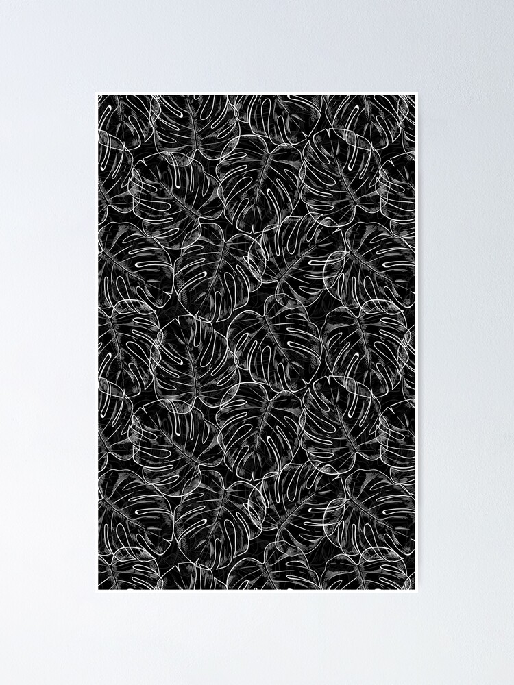 Poster « Feuilles de Monstera noir et blanc | Dessin au trait abstrait ...