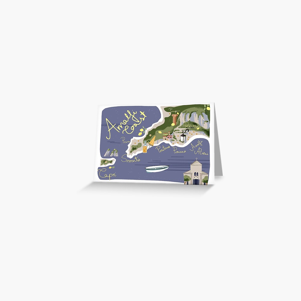 Amalfi Coast Map Italy Digital Artwork Greeting Card By Laurartpourlart Redbubble