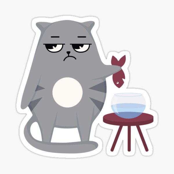 Pegatina «Grumpy Kitty, gato y pez, gatos grises de dibujos animados ...