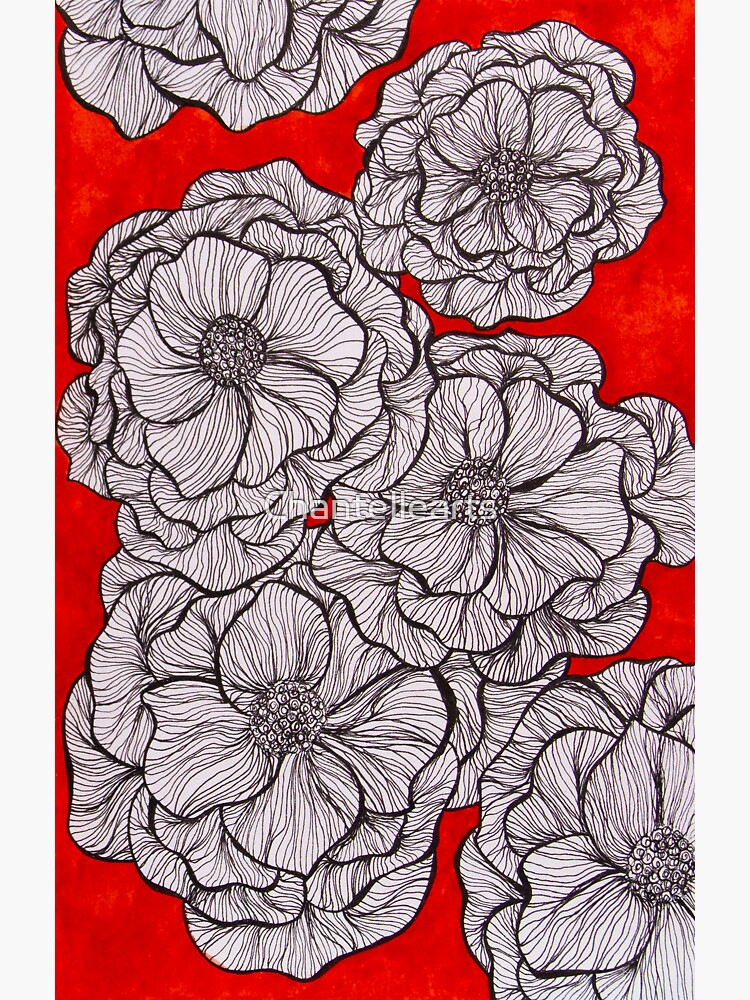 "Red floral linework in watercolour & ink" Sticker by Chantellearts ...