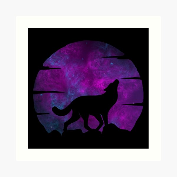 "dark purple and blue galaxy wolf howling at moon silhouette" Art Print ...