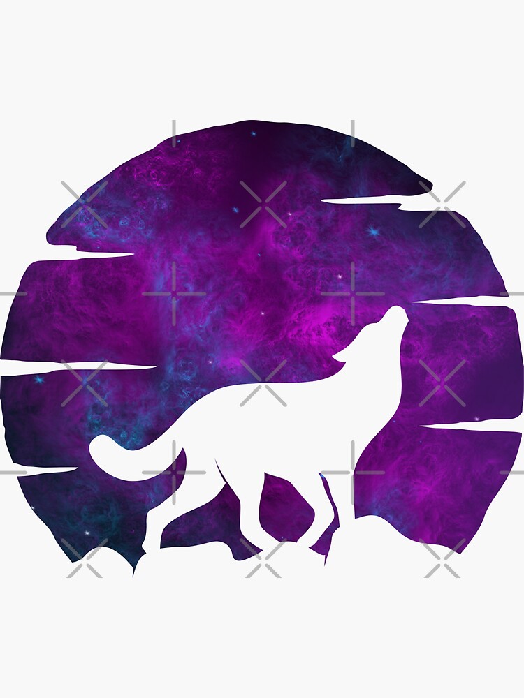 "dark purple and blue galaxy wolf howling at moon silhouette" Sticker ...