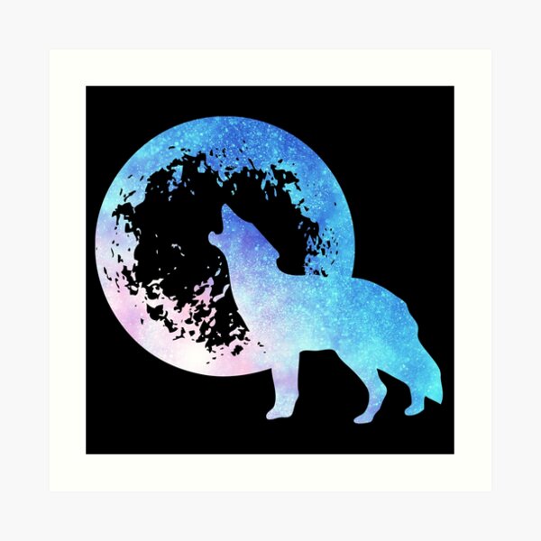 "light pink and blue galaxy wolf howling at moon silhouette" Art Print ...