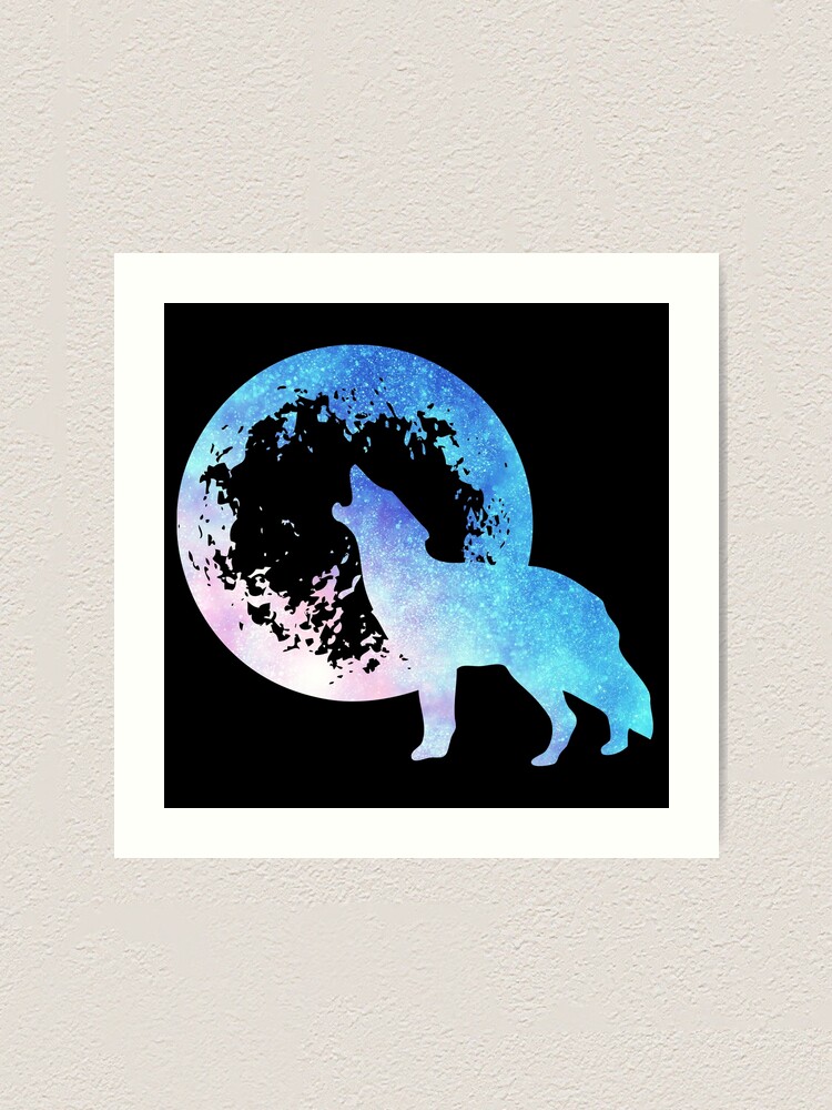 "light pink and blue galaxy wolf howling at moon silhouette" Art Print ...