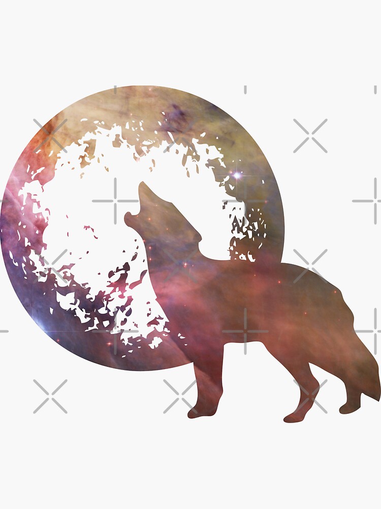 "purple and tan galaxy wolf howling at moon silhouette" Sticker by Zevy ...