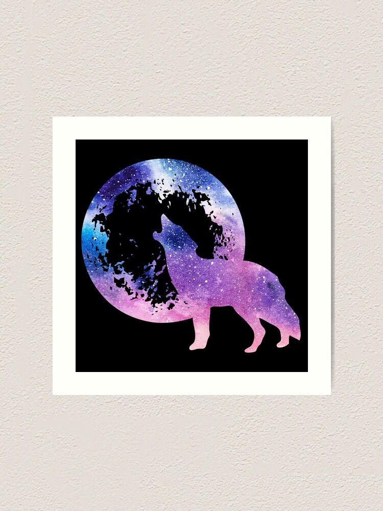 "purple and blue night galaxy wolf howling at moon silhouette" Art ...