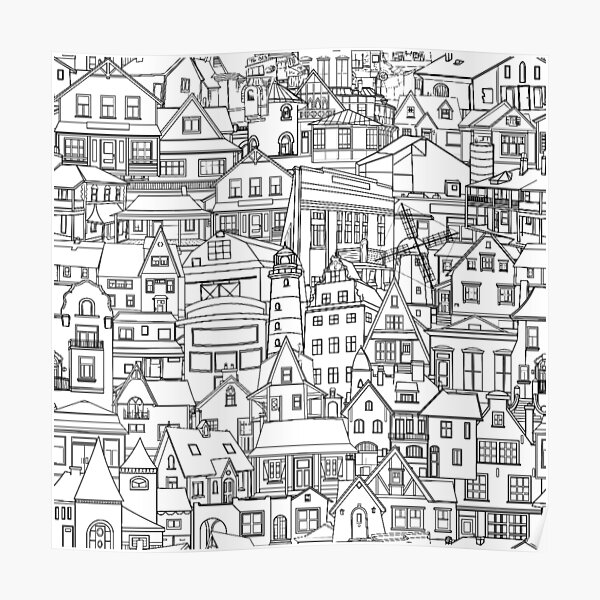 Póster «Color My Town Página para colorear en blanco y negro Imprimir ...