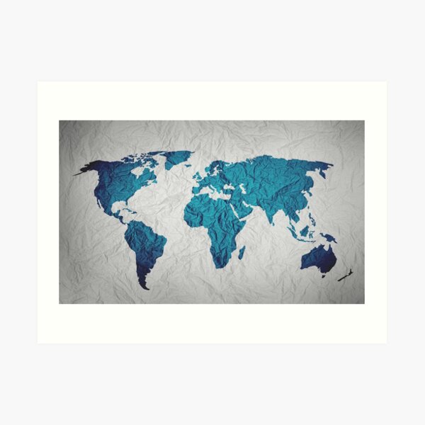 "World map digital art, scrumbed paper world map, blue and whaite world ...