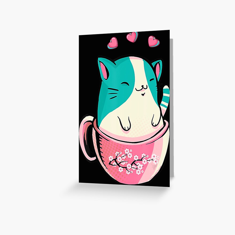 "Cute Japanese Kawaii Cat In Cherry Blossoms Cup Kawaii" Greeting Card ...