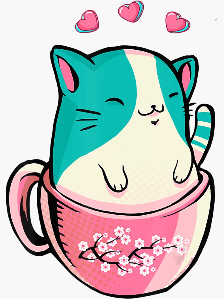 "Cute Japanese Kawaii Cat In Cherry Blossoms Cup Kawaii" Sticker by ...