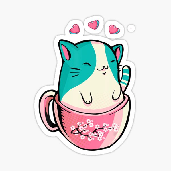 "Cute Japanese Kawaii Cat In Cherry Blossoms Cup Kawaii" Sticker by ...