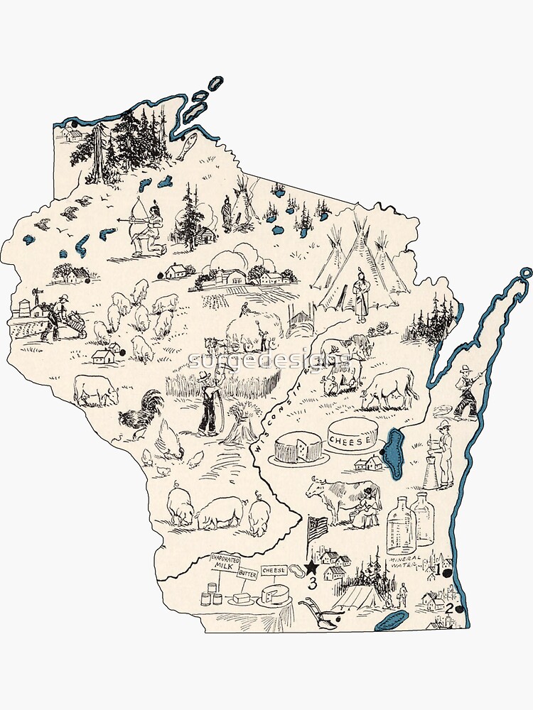 "Wisconsin Vintage Picture Map" Sticker for Sale by surgedesigns ...