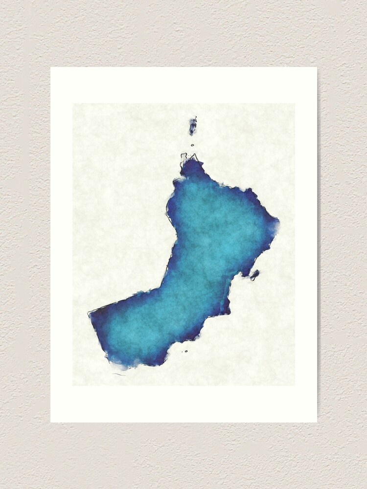 "Oman map with drawn lines and blue watercolor illustration" Art Print ...