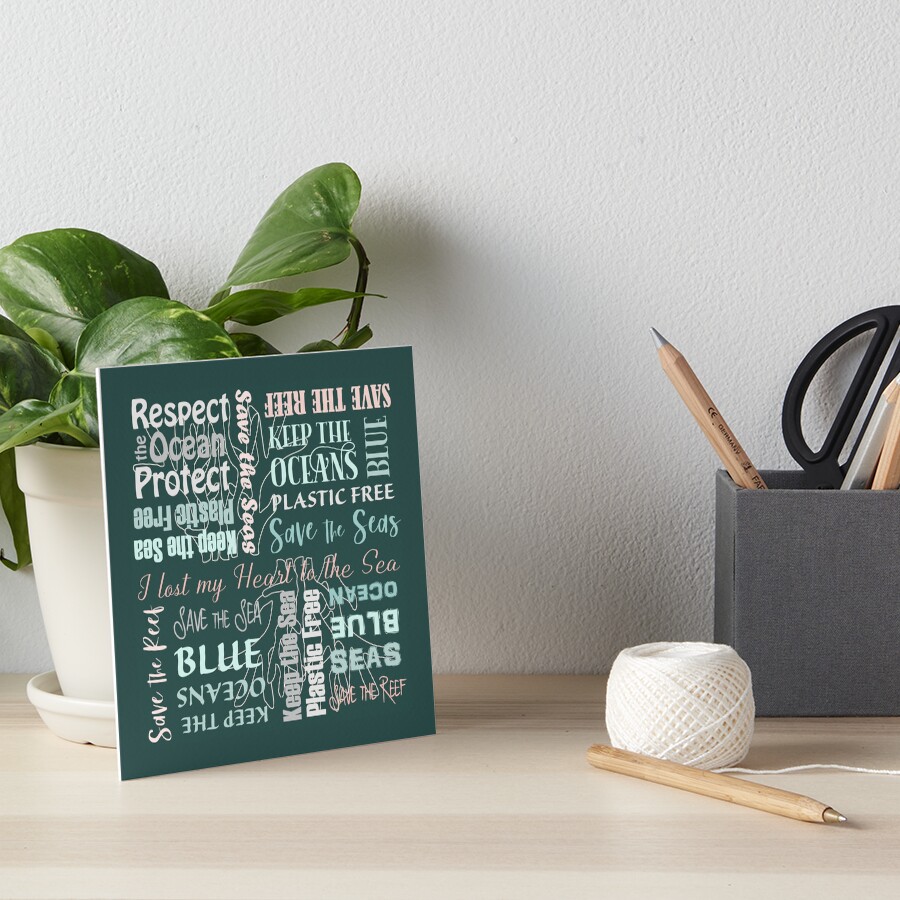 "Respect the Oceans Save the Sea lettering - aqua and coral on emerald ...