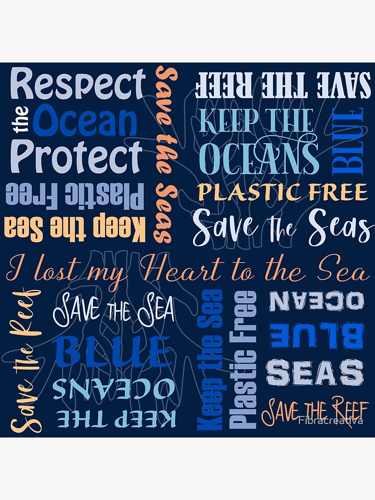 "Save the Seas Blue Oceans lettering - blue and coral on navy blue ...