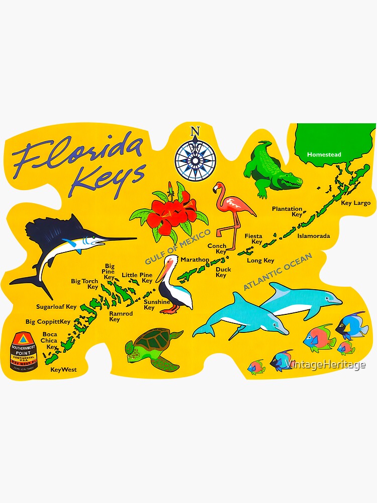 "Florida Keys Vintage Travel Map Postcard Souvenir Decal" Sticker by ...