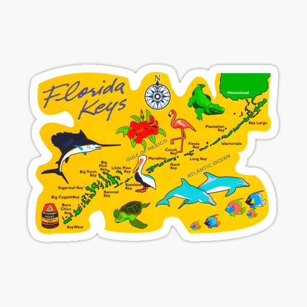 "Florida Keys Vintage Travel Map Postcard Souvenir Decal" Sticker by ...