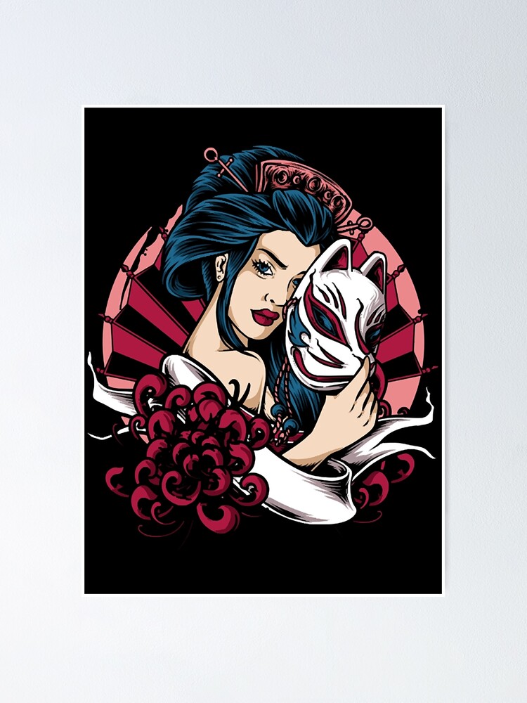 "Anime Geisha Kimono Kitsune Mask Yokai Aesthetic " Poster for Sale by ...