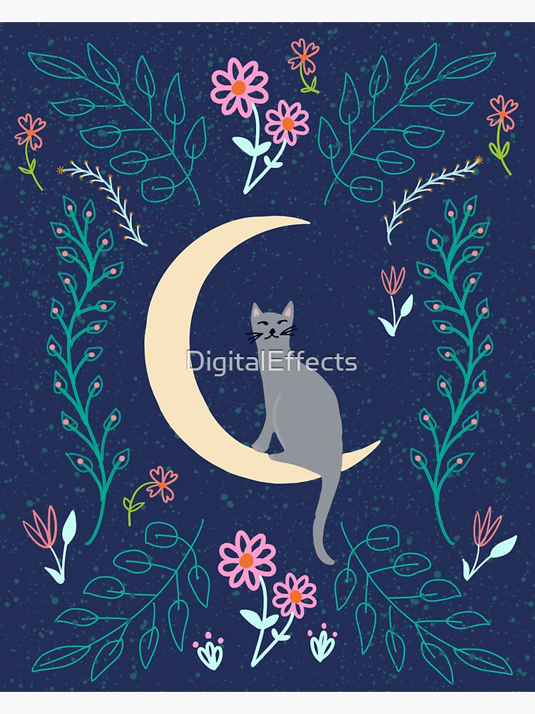 "Cat & Crescent Moon with Flowers" Sticker by DigitalEffects | Redbubble
