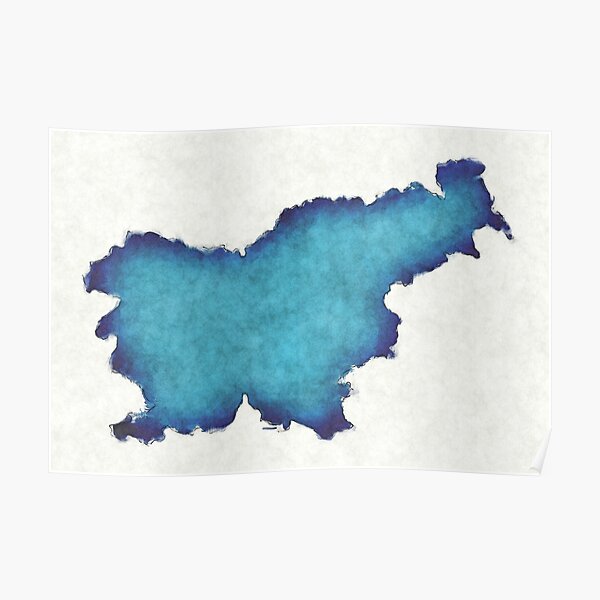 "Slovenia map with drawn lines and blue watercolor illustration" Poster ...