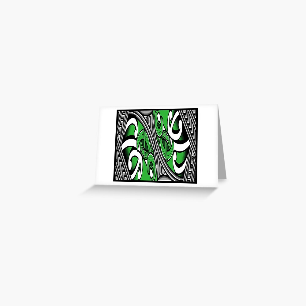 "TNT - maori design with carving pattern border - GREEN" Greeting Card ...