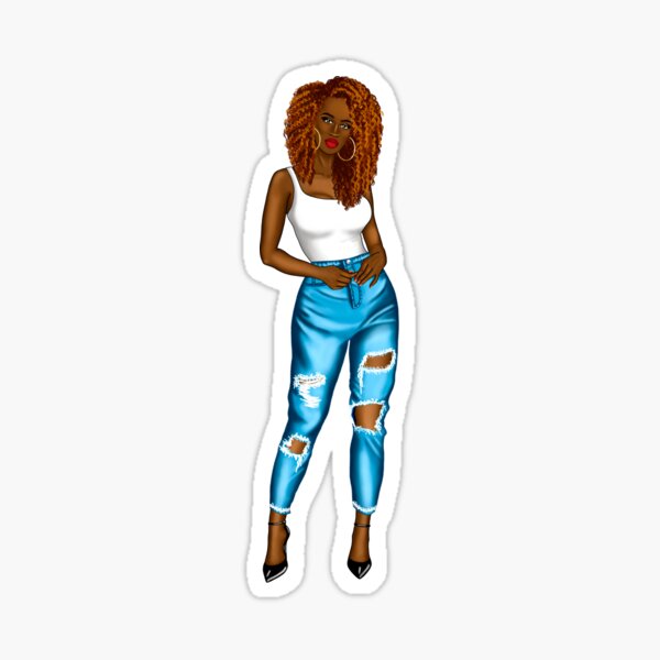 "Blue Denim Girl Dark Brown Skin Curly Brown Hair Sticker" Sticker by ...