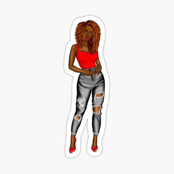 "Dark Gray Denim Girl Dark Brown Skin Curly Brown Hair Sticker" Sticker ...