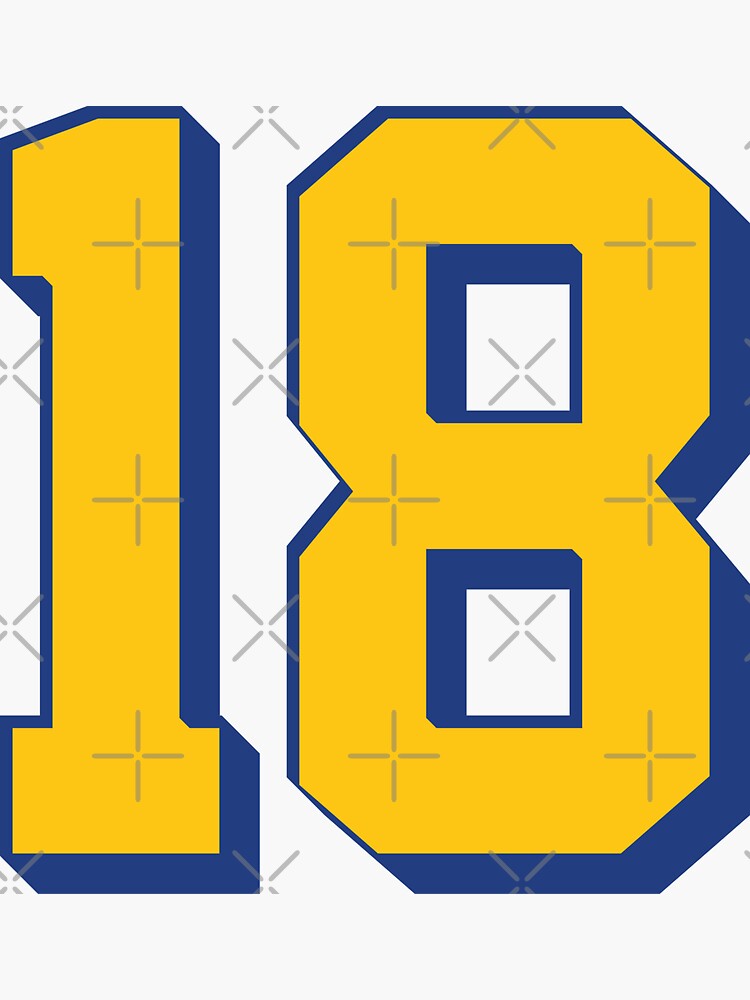 "Jersey Number 18 Yellow and Blue" Sticker by jiromie | Redbubble