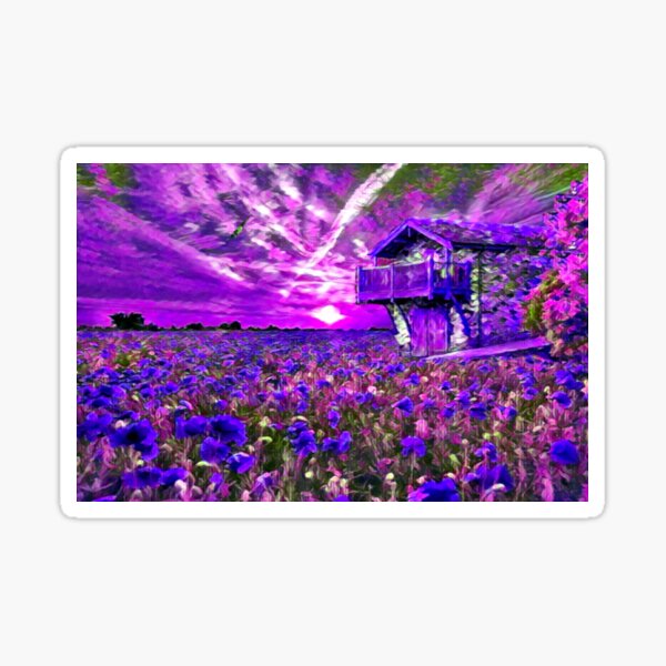 "Scenic Farm Hut in the flower field" Sticker by BALCONYDOORS | Redbubble